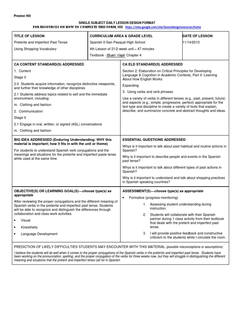 Spanish Past Tense Lesson Plan | PDF | Grammatical Tense | Semiotics