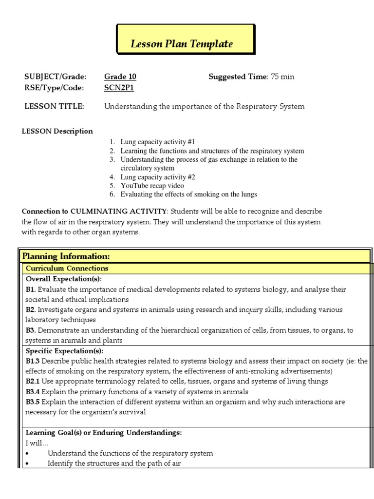 Grade 10 Respiratory System Lesson Plan | PDF | Respiratory System ...
