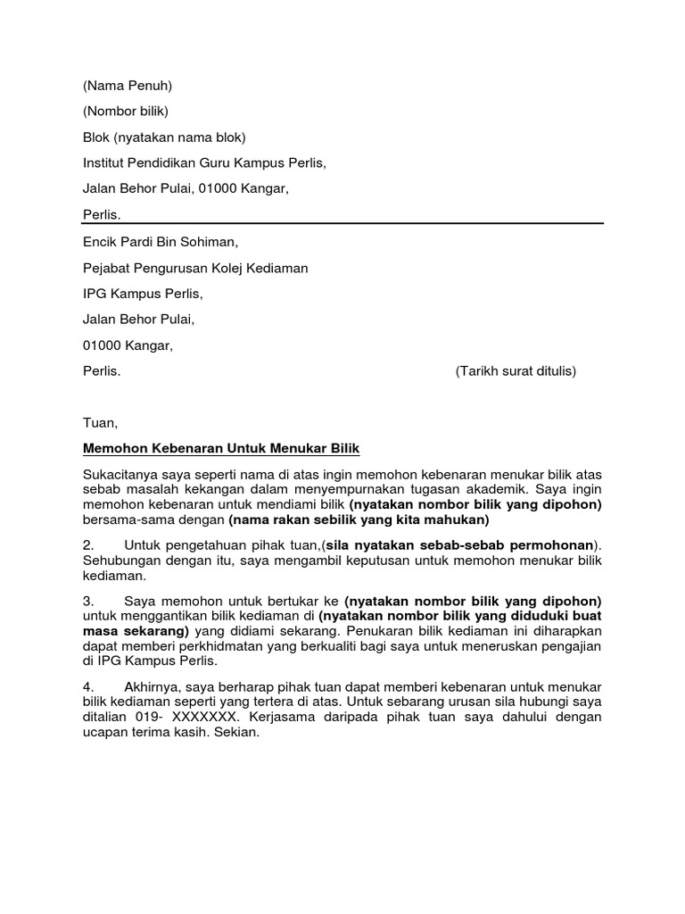 Contoh Surat Kolej Kediaman JPP New Edit | PDF