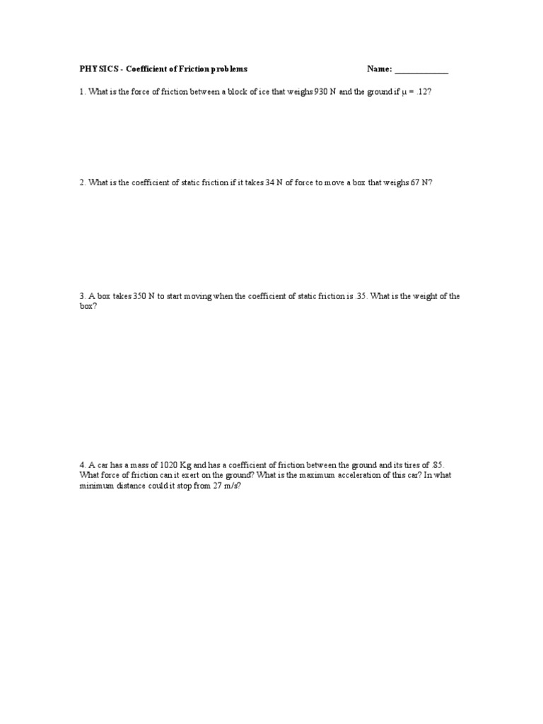 Friction Worksheet No Answers | PDF | Friction | Weight
