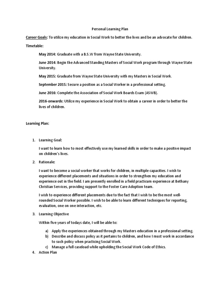 Personal Learning Plan Social Work Evaluation Free 30 day Trial 