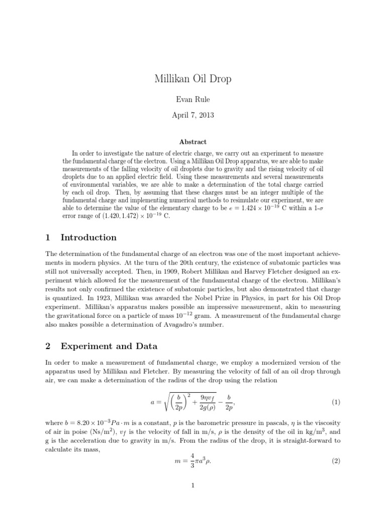 Millikan Oil Drop Experiment | PDF | Quantity | Electromagnetism