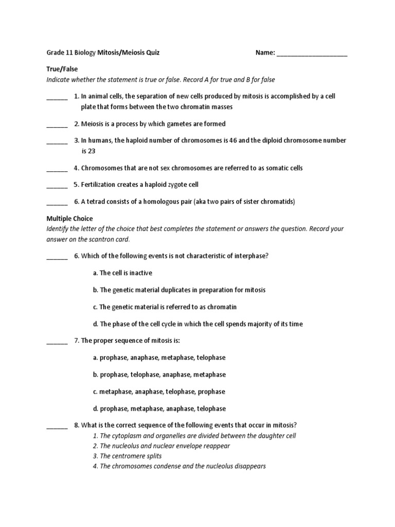 Grade 11 Mitosis and Meiosis Quiz | PDF | Meiosis | Mitosis