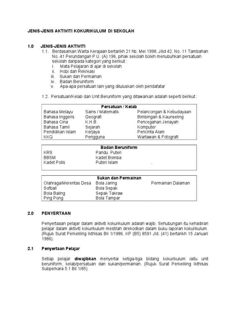 Jenis-Jenis Aktiviti Kokurikulum Di Sekolah | PDF