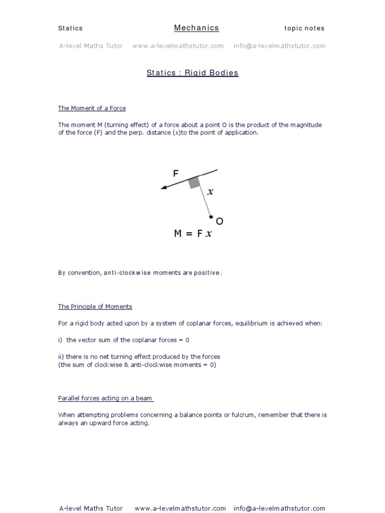 Statics Mechanics: A-Level Notes | PDF | Torque | Force