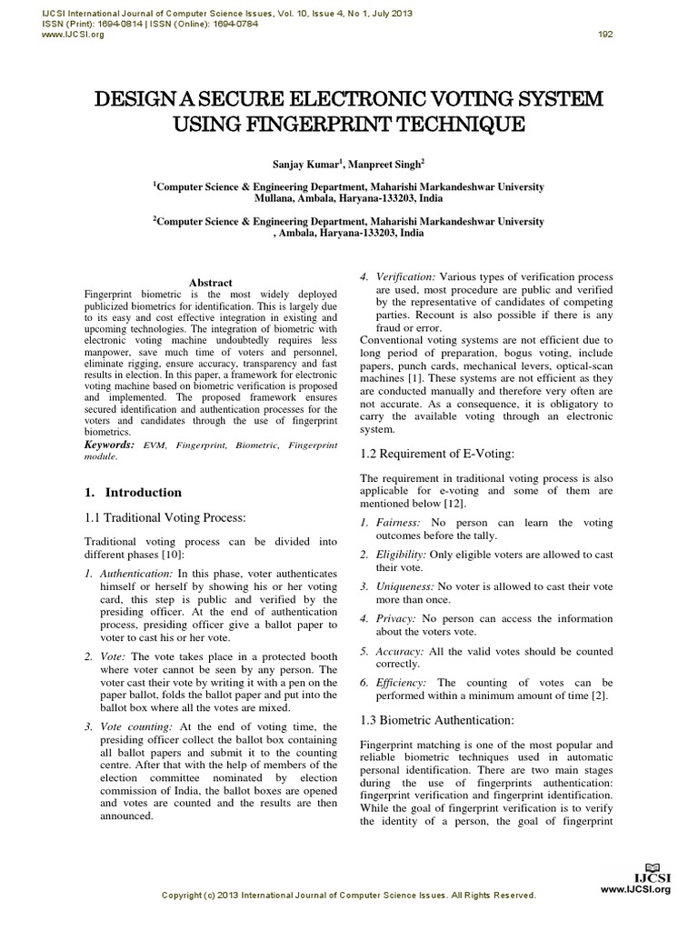 Design A Secure Electronic Voting System Using Fingerprint Technique Pdf Electronic Voting