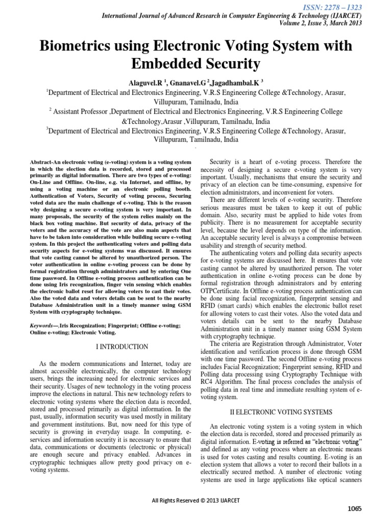 Biometrics Using Electronic Voting System With Embedded Security Pdf Electronic Voting
