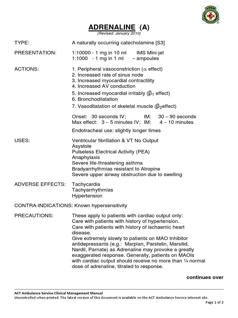 CMG Pharmacology Adrenaline Jan10 | PDF | Epinephrine | Heart