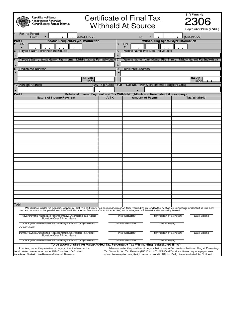 BIR Form 2306 | PDF | Withholding Tax | Value Added Tax