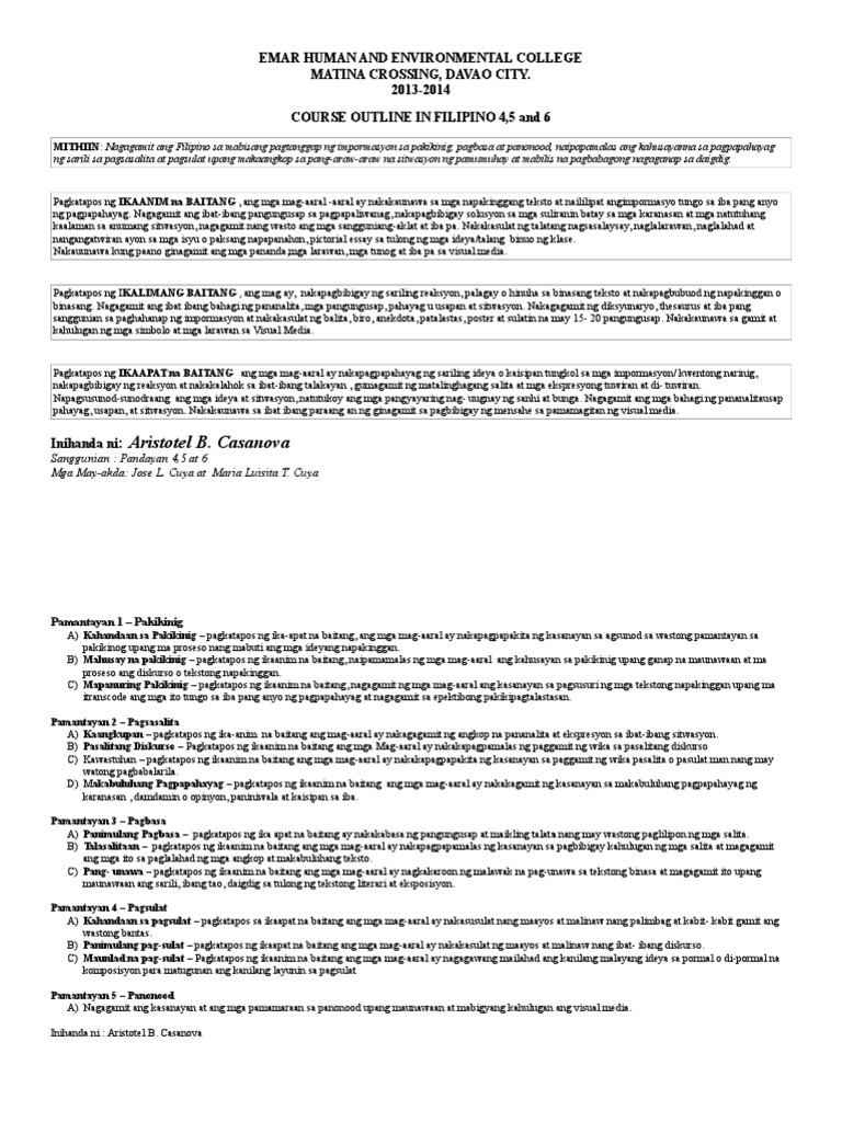 Course Outline Filipino | PDF