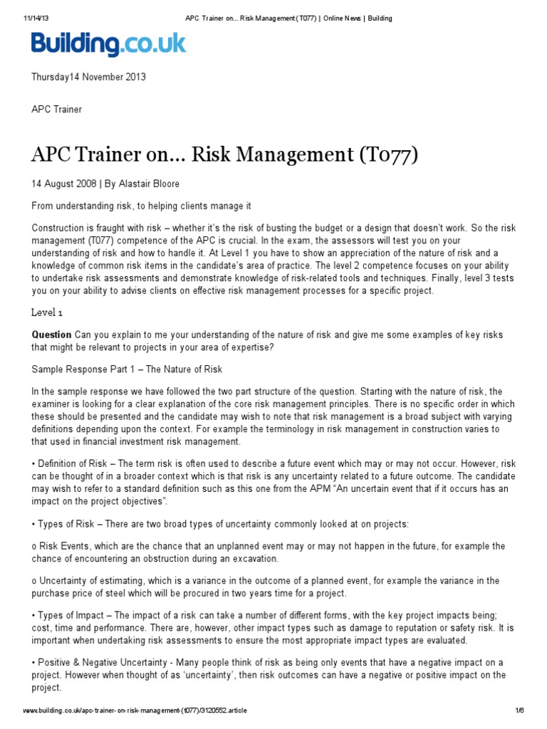 APC Trainer On... Risk Management (T077) : Level1 | PDF | Risk | Risk Management