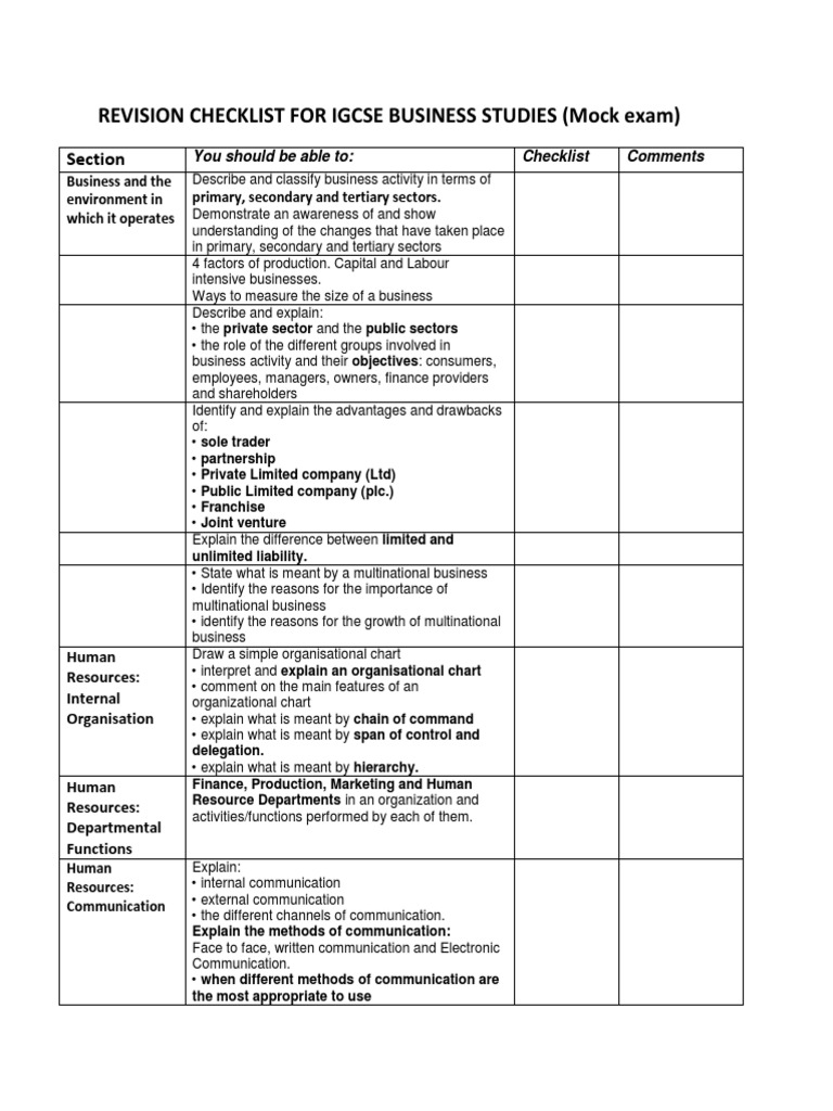Revision Checklist For Igcse Business Studies | PDF | Promotion ...