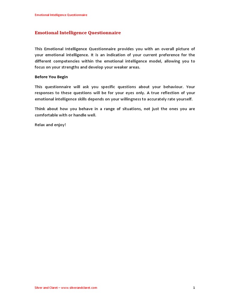 EI Questionnaire | PDF | Emotional Intelligence | Intelligence