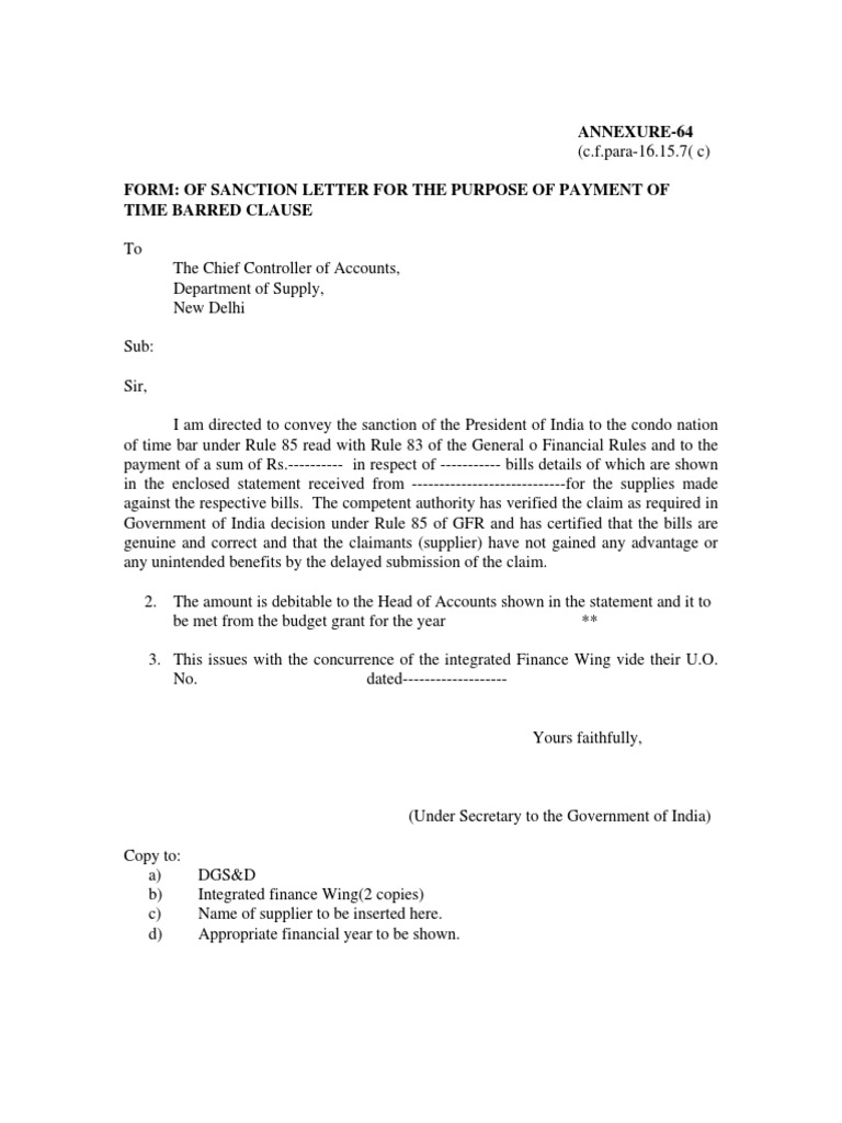 Form: of Sanction Letter For The Purpose of Payment of Time Barred ...