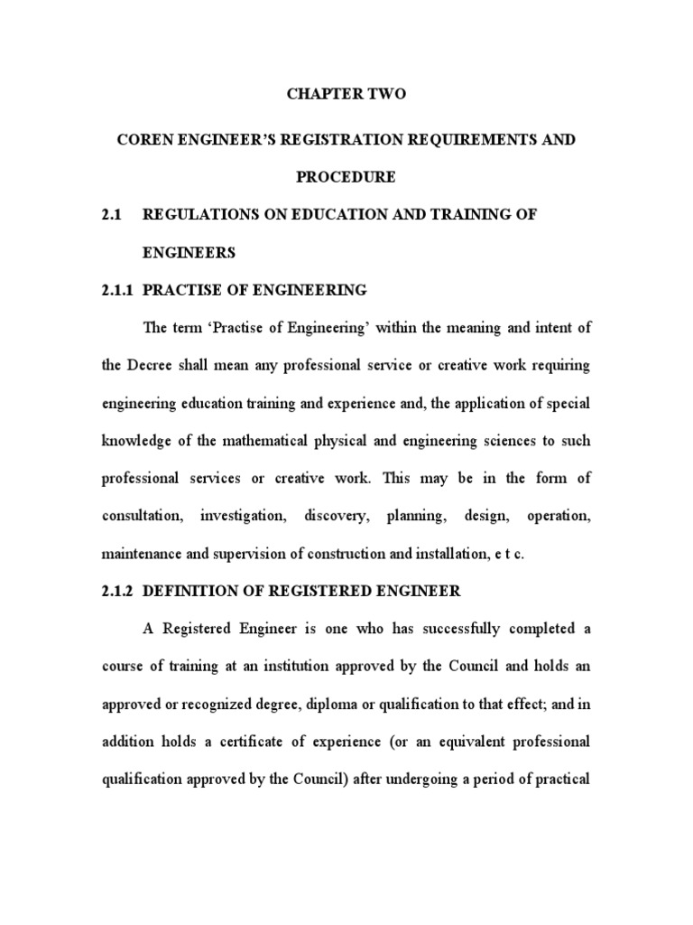 Chapter Two Coren Engineer'S Registration Requirements and Procedure 2.1 Regulations On ...