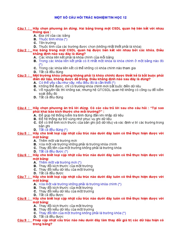 Cau Hoi Trac Nghiem Tin Hoc 12 | PDF