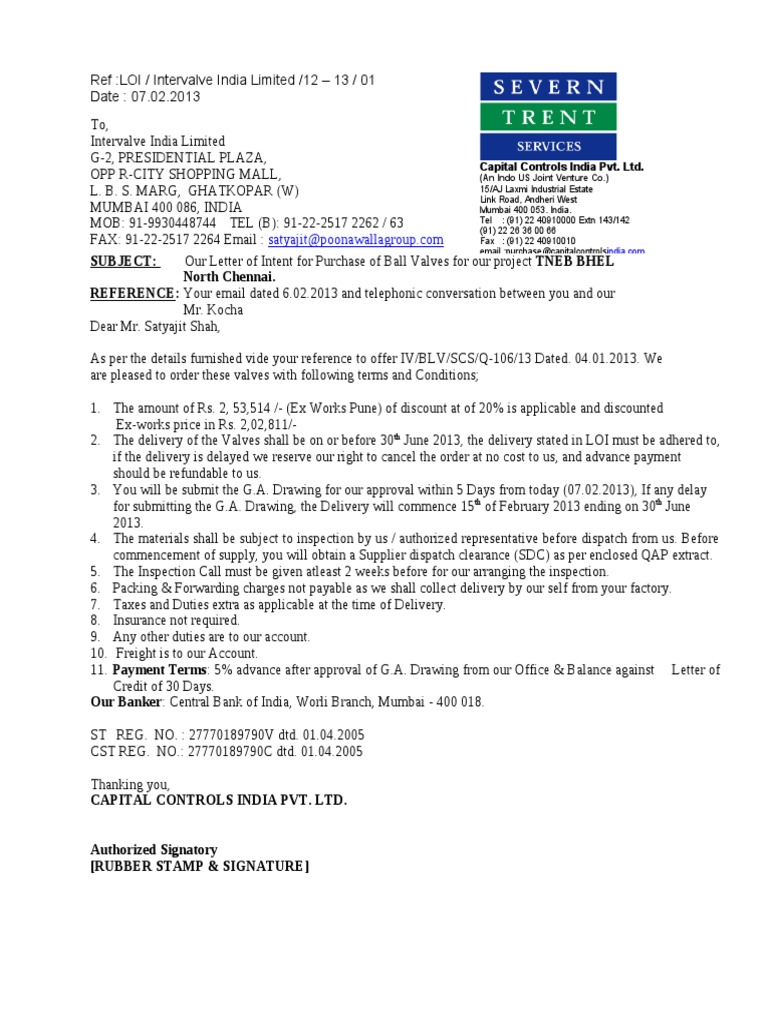 Letter of Intent for Ball Valve Purchase | PDF | Economics | Business