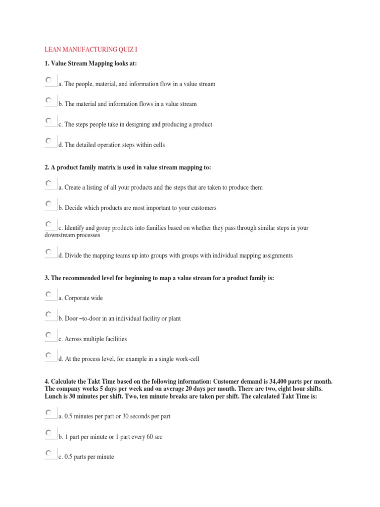 Lean Manufacturing Quiz I | PDF | Lean Manufacturing | Six Sigma
