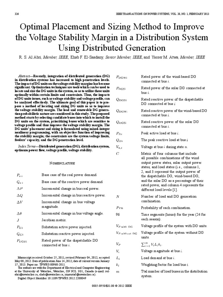 Optimal Placement and Sizing Method To Improve The Voltage Stability Margin in A Distribution ...