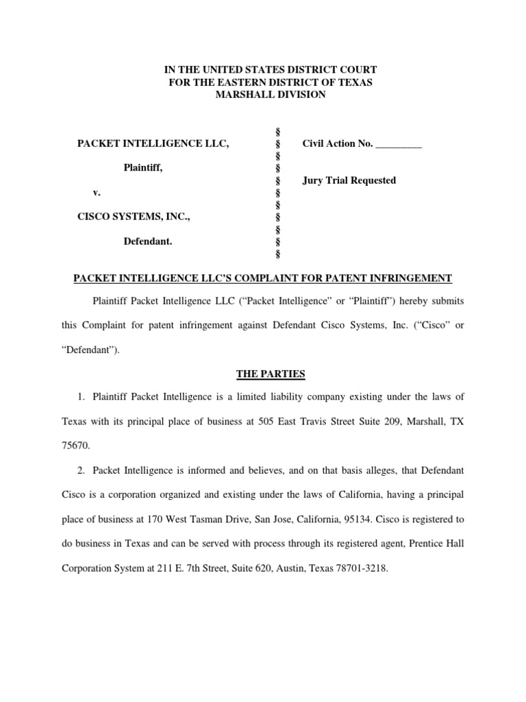 Packet Intelligence LLC v. Cisco Systems | PDF