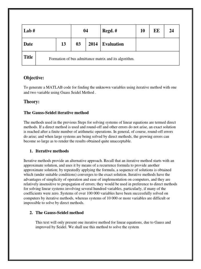 Lab # 04 Regd. # 10 EE 24: The Gauss-Seidel Iterative Method | PDF ...