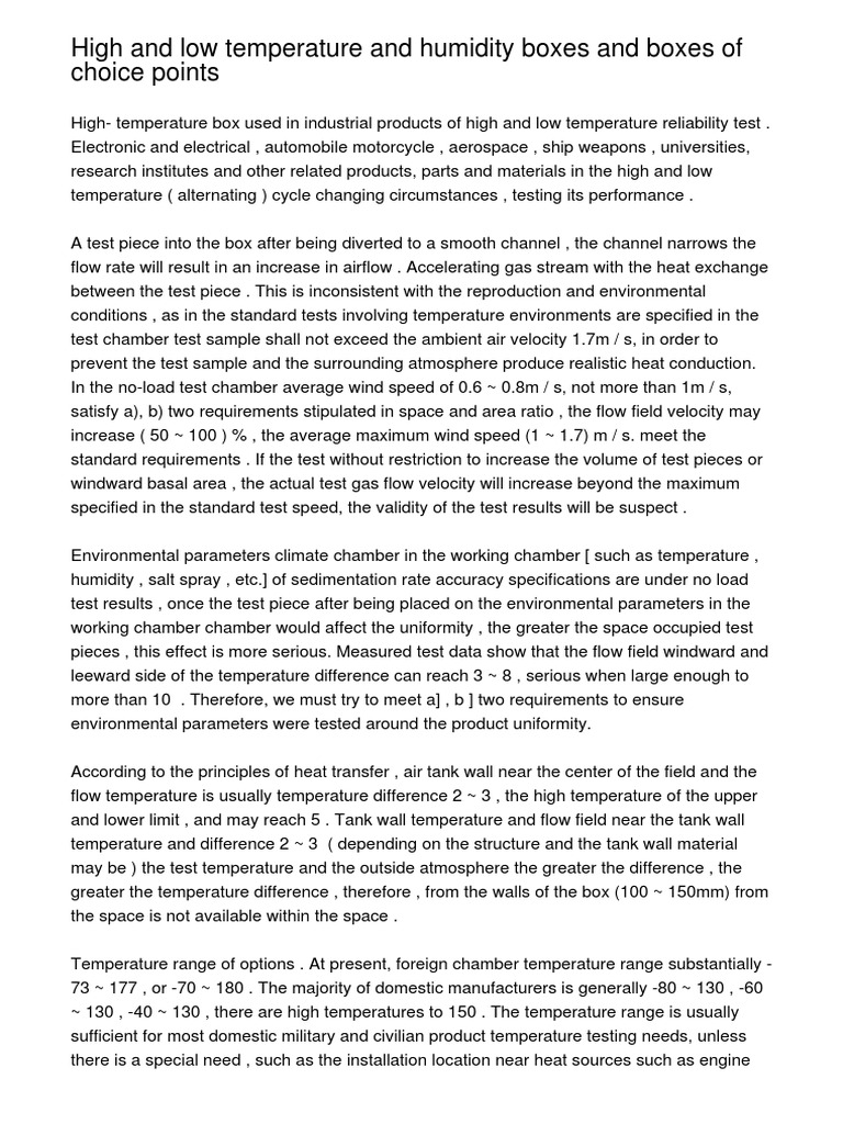 High and Low Temperature and Humidity Boxes and Boxes of Choice Points ...