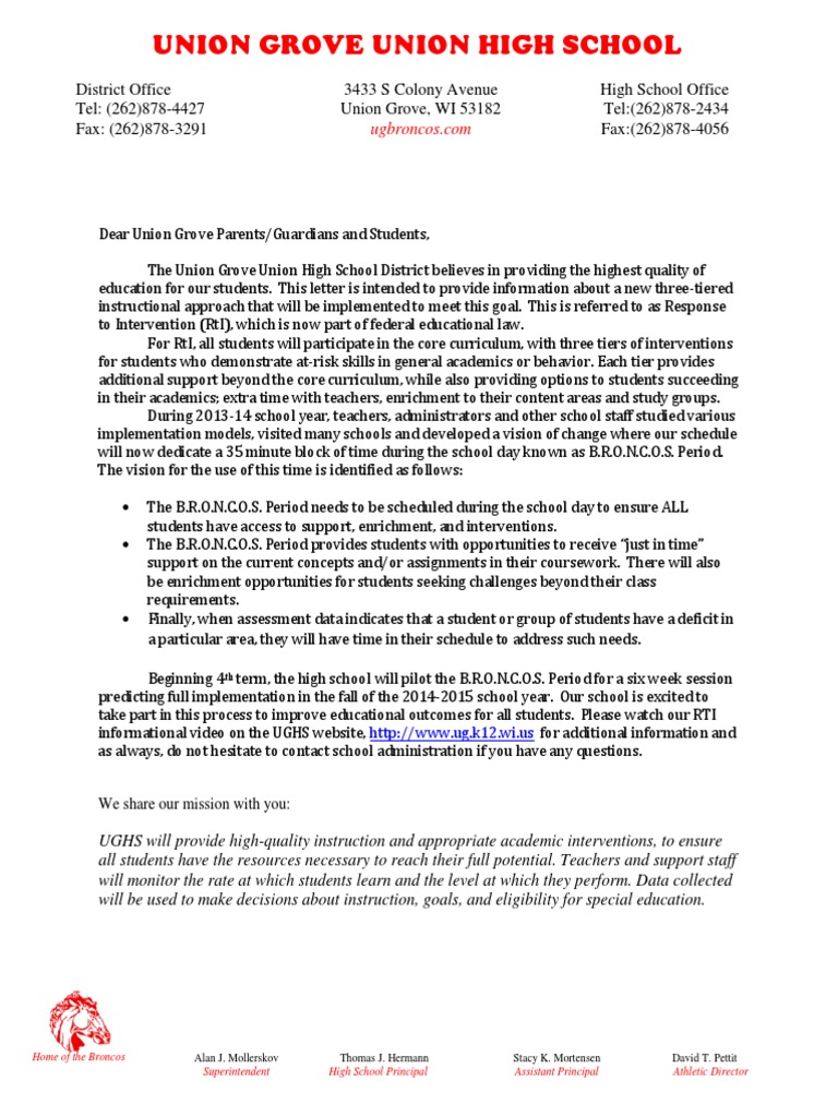UGHS Parent Letter on Common Core RTI "Response to Intervention ...