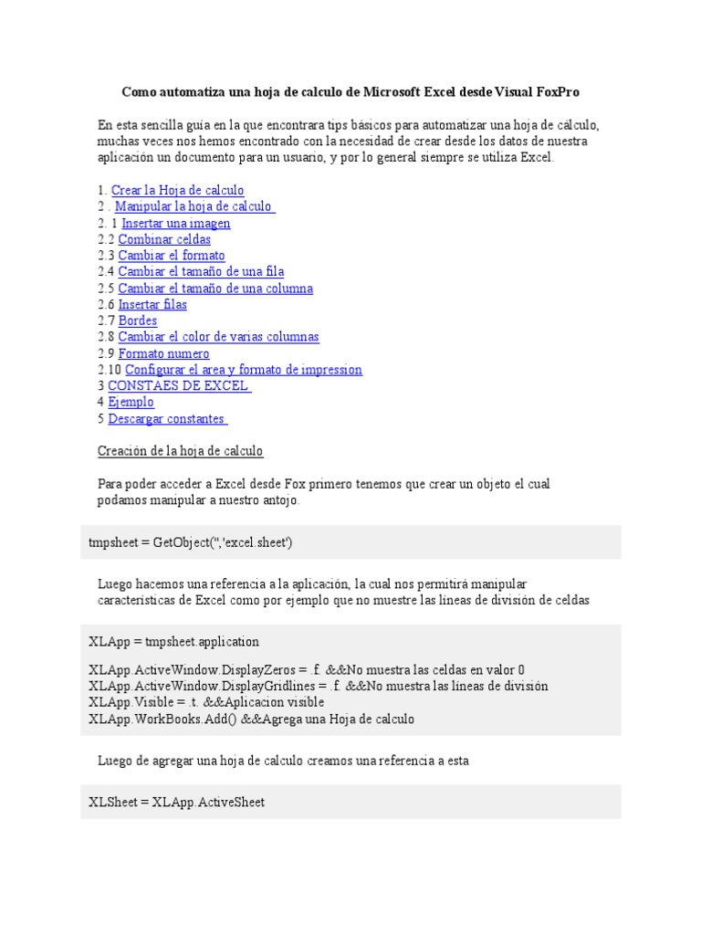Como Automatiza Una Hoja de Calculo de Microsoft Excel Desde Visual FoxPro | PDF | Hoja de ...