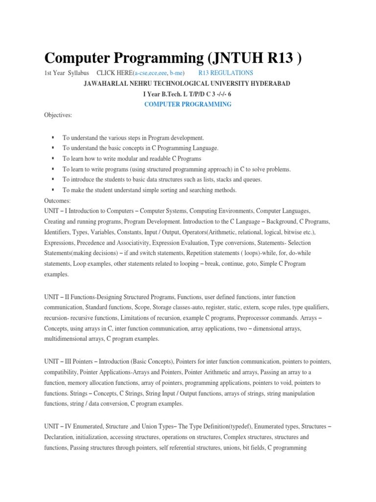 Computer Programming (JNTUH R13) : Jawaharlal Nehru Technological University Hyderabad I Year B ...