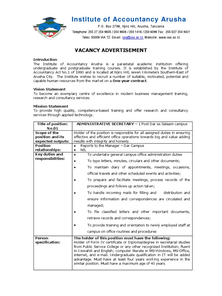 Institute of Accountancy Arusha: Vacancy Advertisement | PDF ...