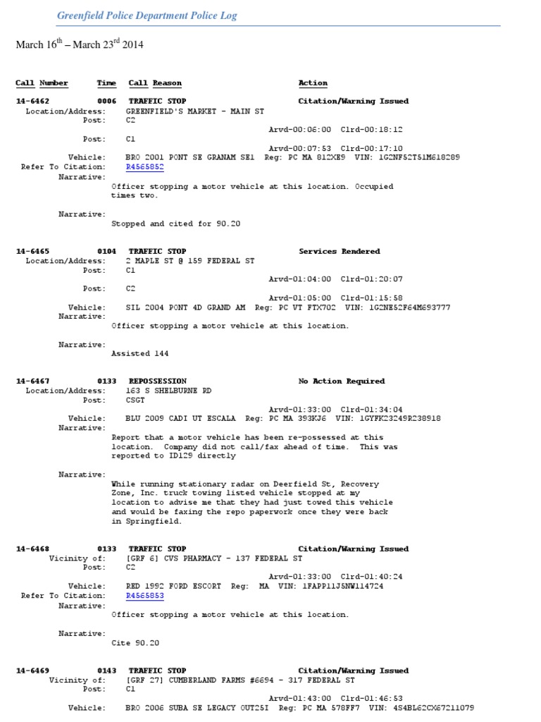 Greenfield Mass Police Log 031614 Through 03232014 | PDF | Traffic Stop ...