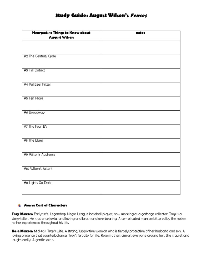 August Wilson's Fences Study Guide | PDF | Fences (Play) | Hero