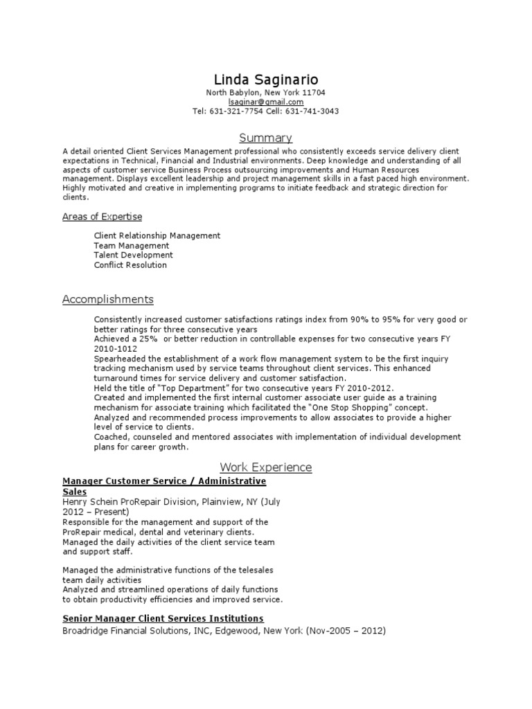 Director Senior Manager Customer Service in NYC Resume Linda Saginario ...
