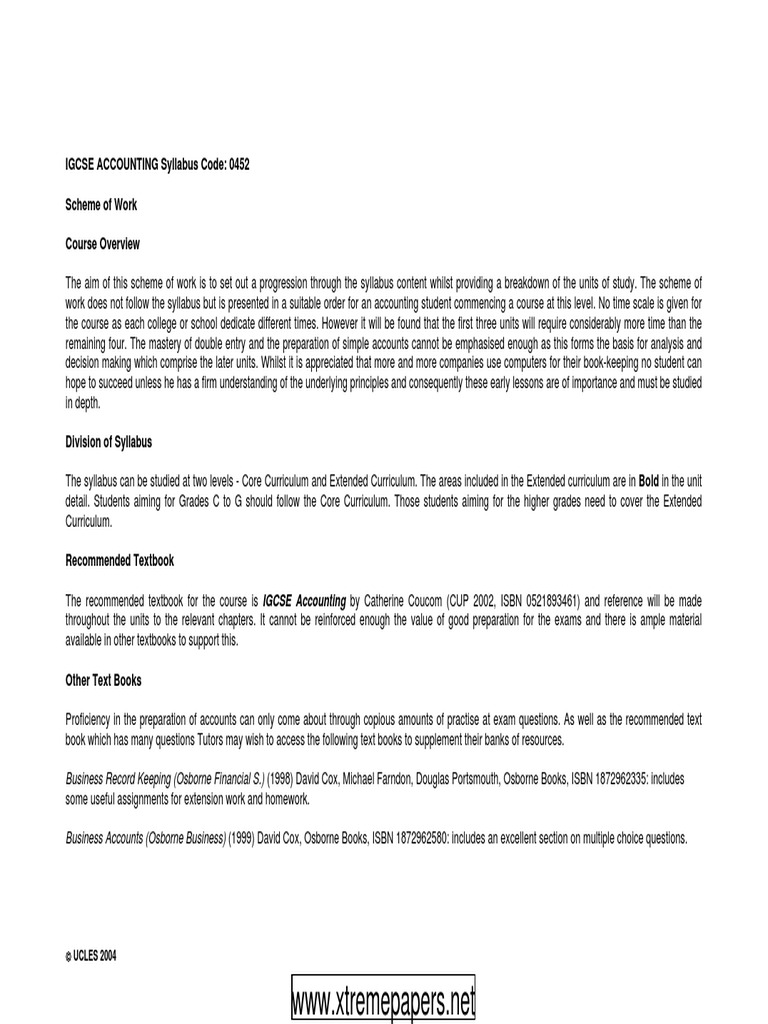 IGCSE ACCOUNTING Syllabus Code: 0452 Scheme of Work Course Overview ...