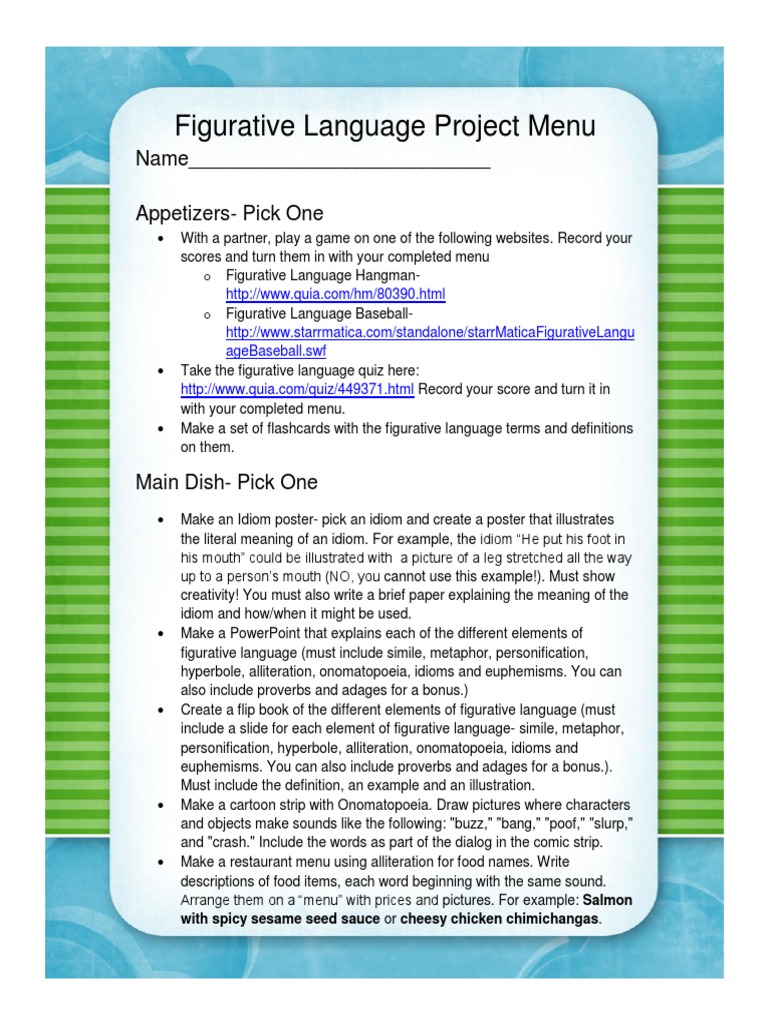 Figurative Language Menu | PDF | Idiom | Menu