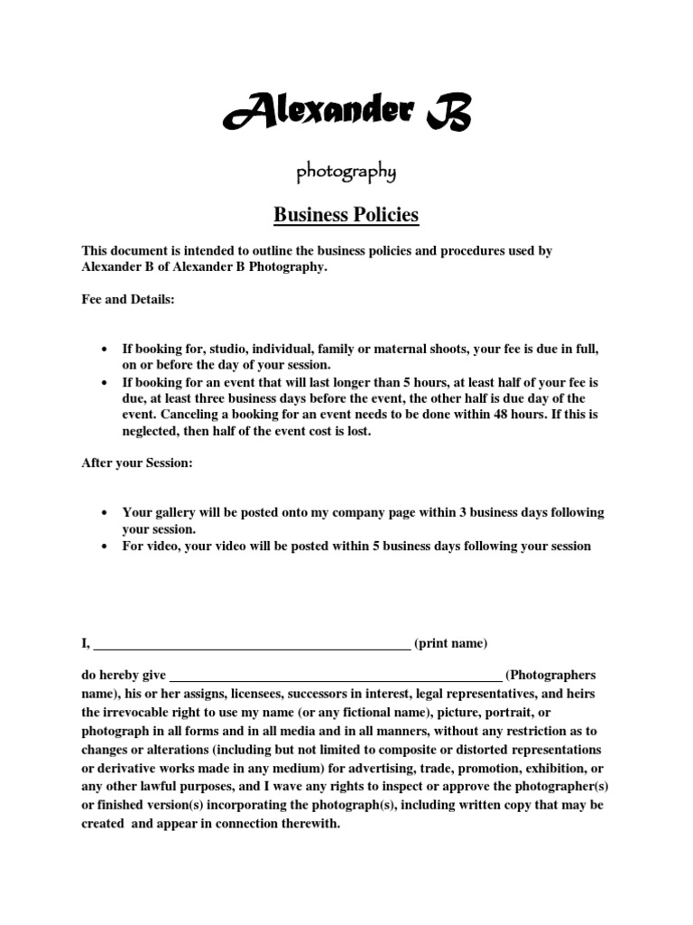 Alexander B Photography Business Policies | PDF