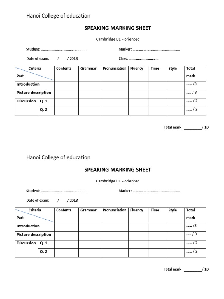 Speaking Marking Sheet | PDF
