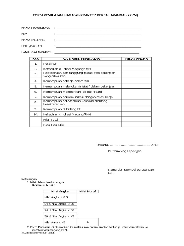 Form Penilaian Magang | PDF