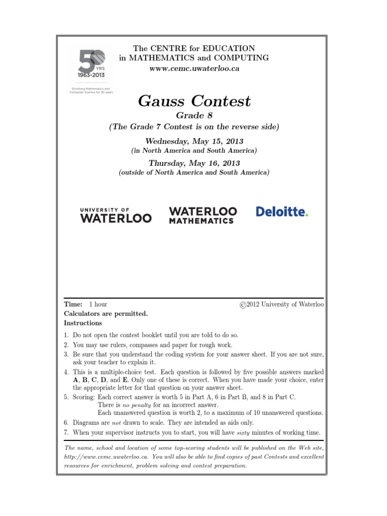 Gauss Combined G 8 Contest | PDF | Multiple Choice | Celsius