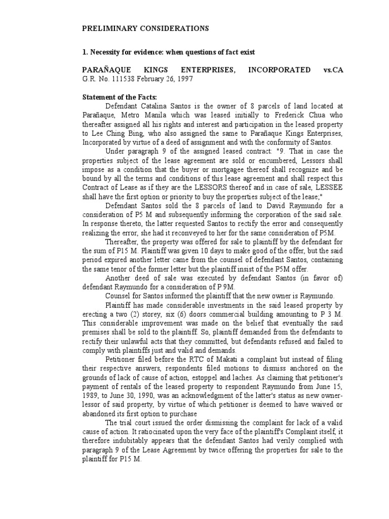 Preliminary Considerations 1. Necessity For Evidence: When Questions of Fact Exist Parañaque ...