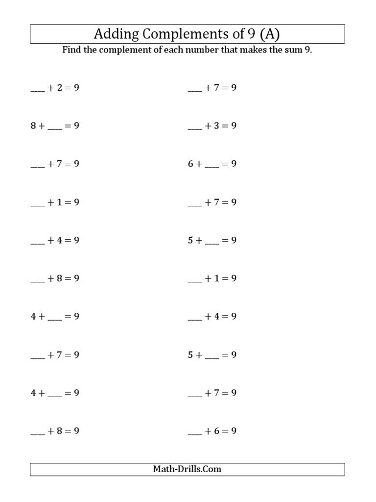 Addition Complements 0009 All | PDF | Teaching Mathematics