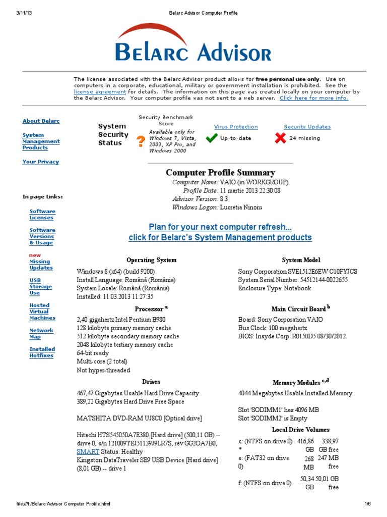 Belarc Advisor Computer Profile | PDF | Bluetooth | Usb
