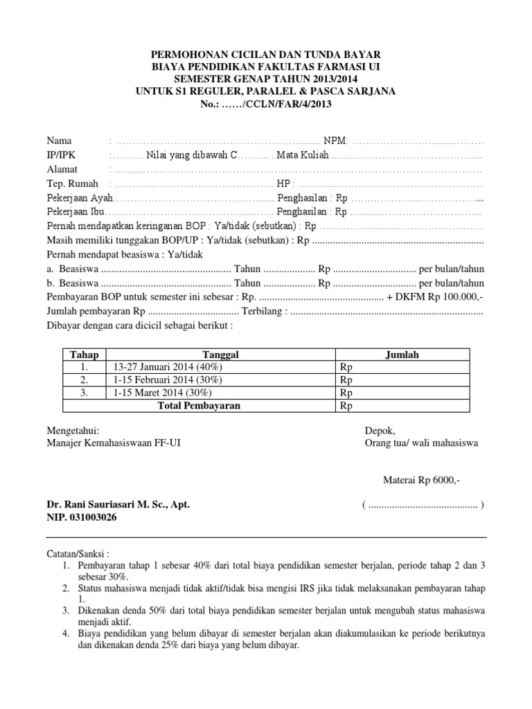 (Farmasi) Form Permohonan Cicilan Dan Tunda Bayar | PDF