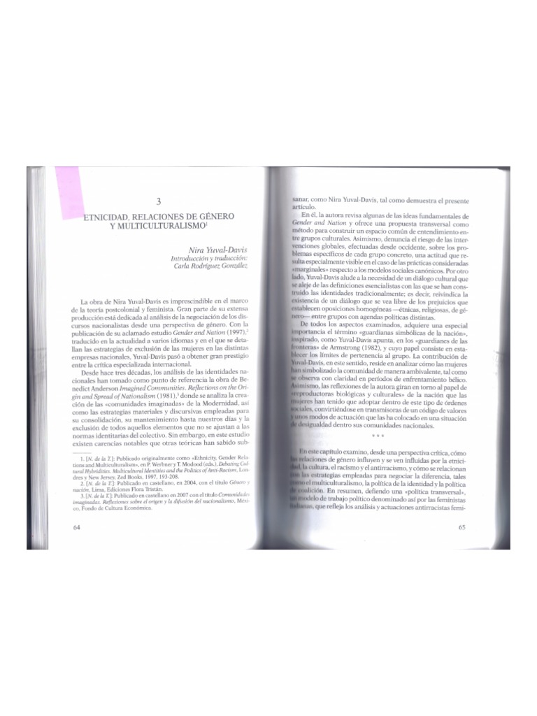 Etnicidad Relaciones de Género y Multiculturalismo Nira Yuval Davis | PDF