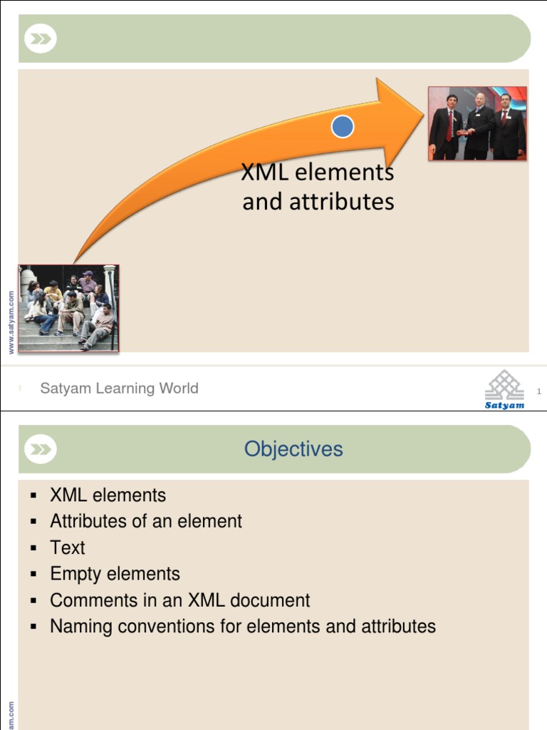 XML Elements and Attributes: Satyam Learning World | PDF | Xml | Notation