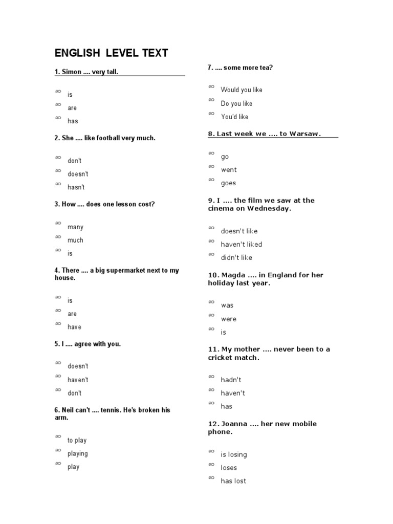 English Level Test | PDF | Sports | Leisure