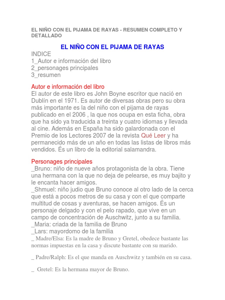 El Niño Con El Pijama de Rayas - Resumen 3 | PDF | Libros | Ocio