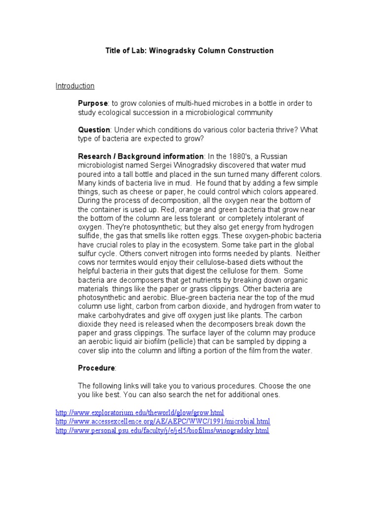 Winogradsky Column Project | PDF | Bacteria | Photosynthesis