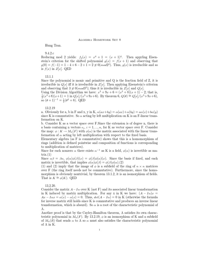 Algebra Homework Set 8 Hung Tran. 9.4.2.c Reducing Mod 2 | PDF | Ring ...