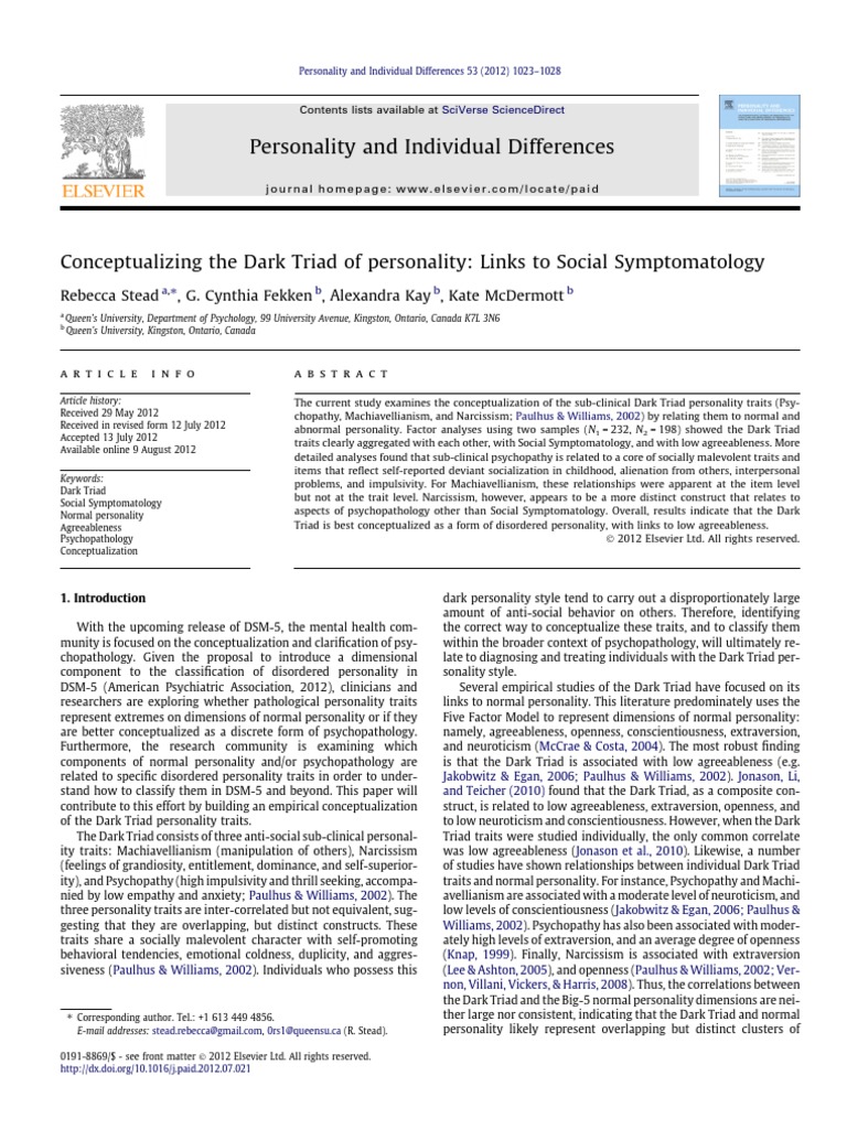 Conceptualizing the Dark Triad Traits | PDF | Dark Triad | Psychopathy
